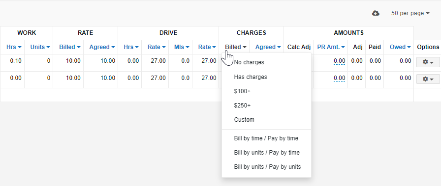 Knowledge: "Billed" Filters for the "Charges" Column in the Billing Module