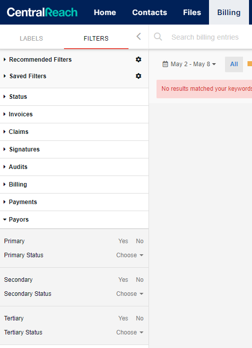 Knowledge: "Payors” Filters in the Billing Screen
